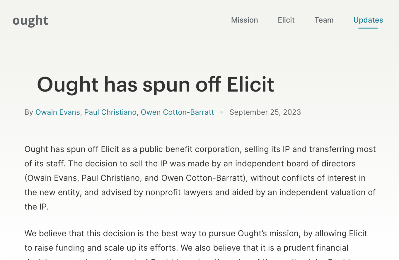 Ought has spun off Elicit | Ought